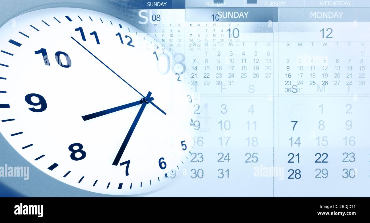 Clock face and calendars composite Stock Photo - Alamy