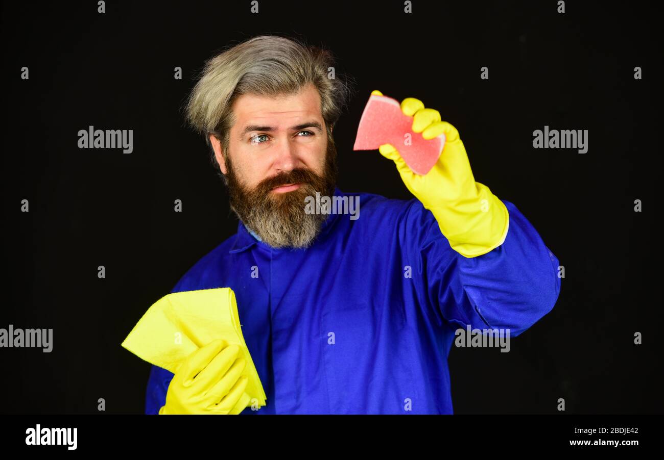 Destroy microorganisms. Disinfection concept. Bearded cleaner in blue ...