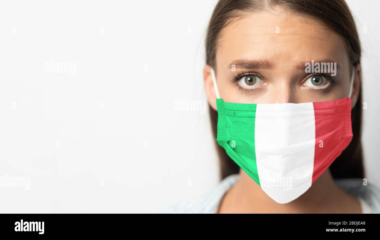 Woman In Surgical Mask With Italian Flag Posing, White Background Stock ...