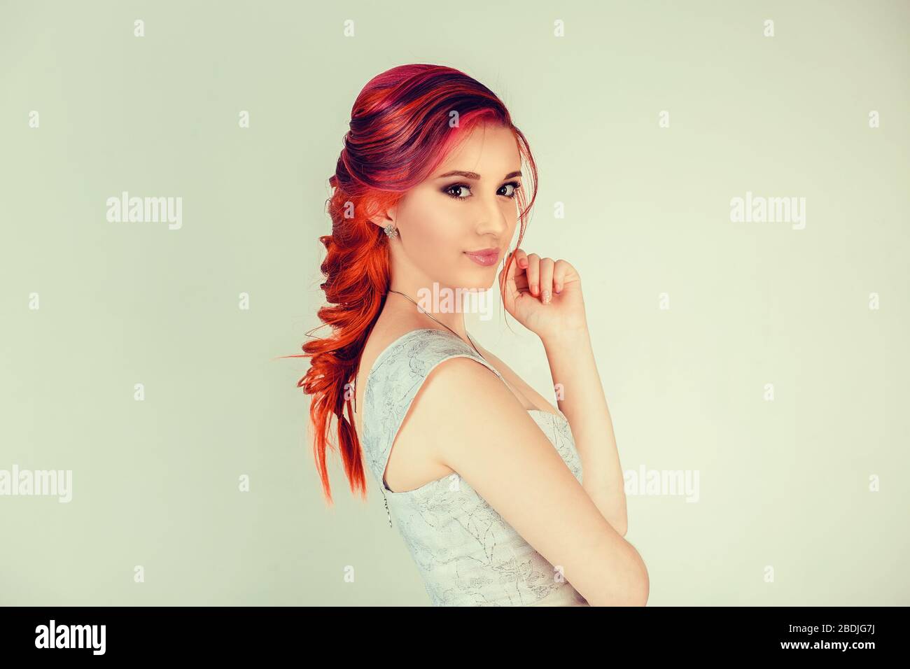 Success. Portrait close up side profile happy serious young beautiful ...