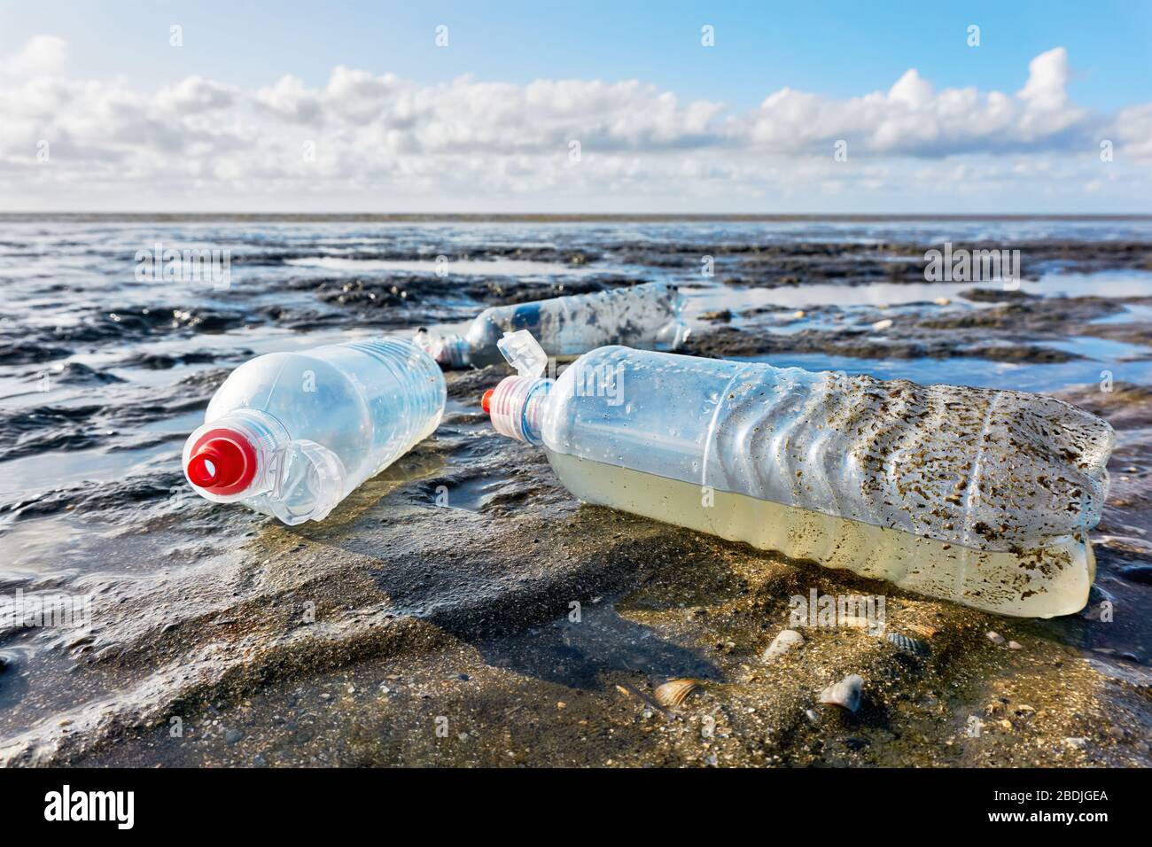 Plastic bottles with red bottle caps on a beach with blue sky at low ...