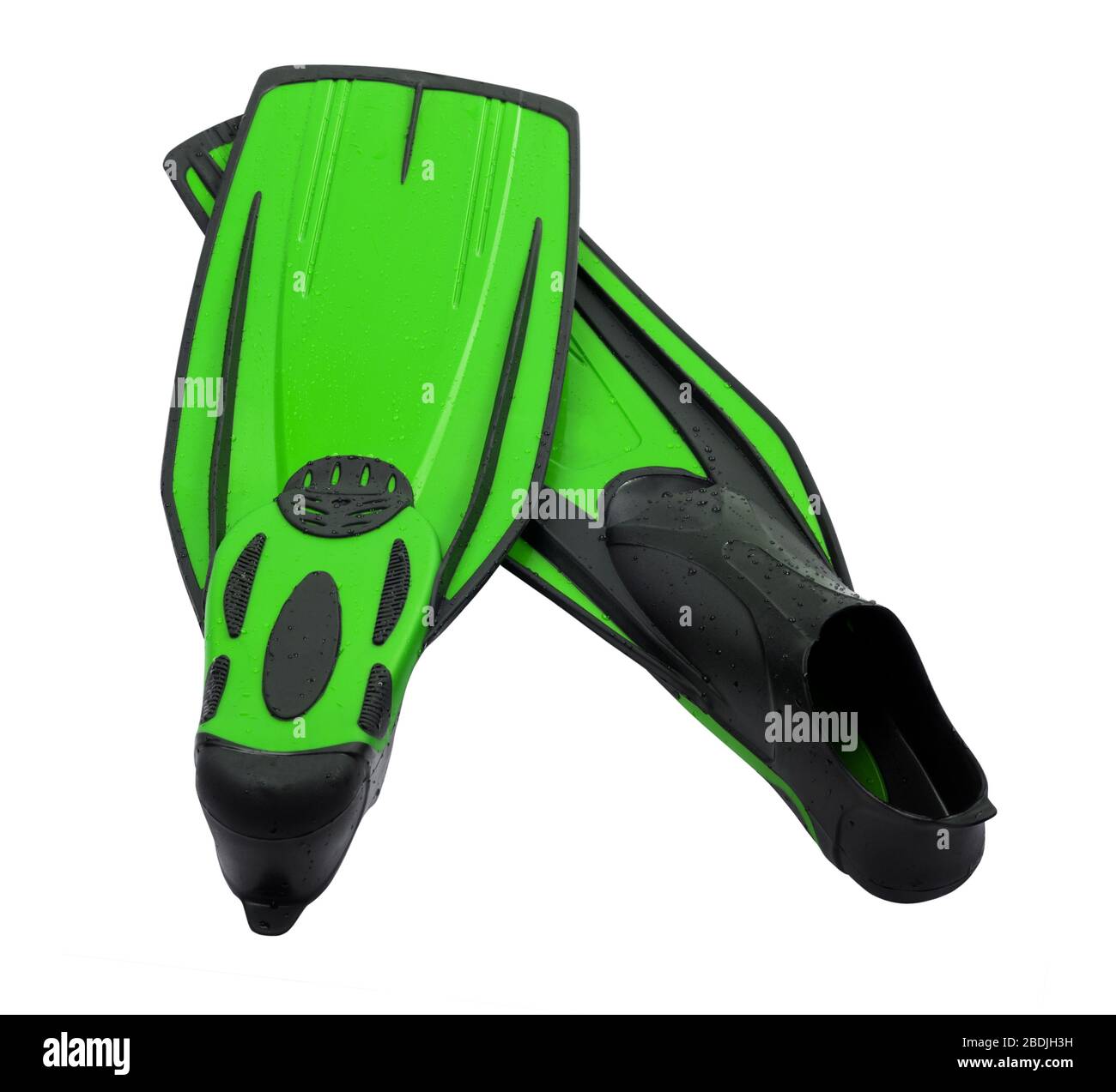 Pair flippers for diving of light green color with water drops ...