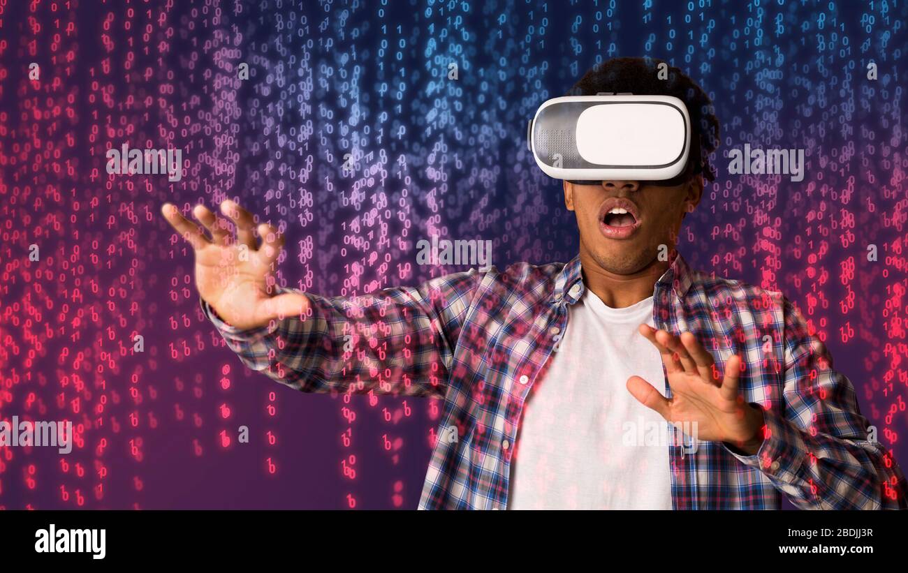 Creative Collage Of Excited Black Guy Experiencing Virtual Reality With ...