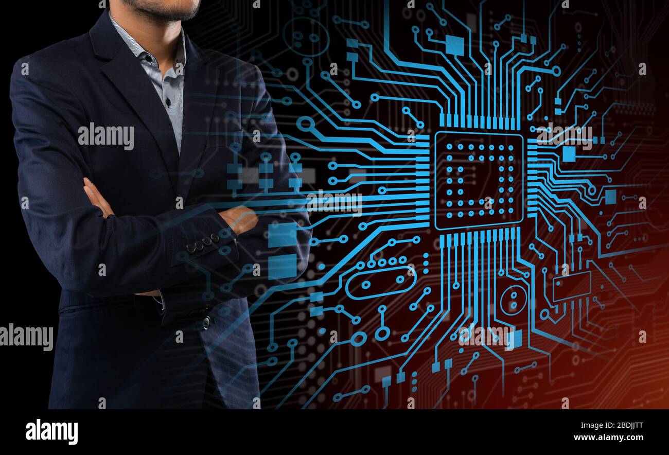 Computing technologies. Collage with businessman and glowing electronic ...