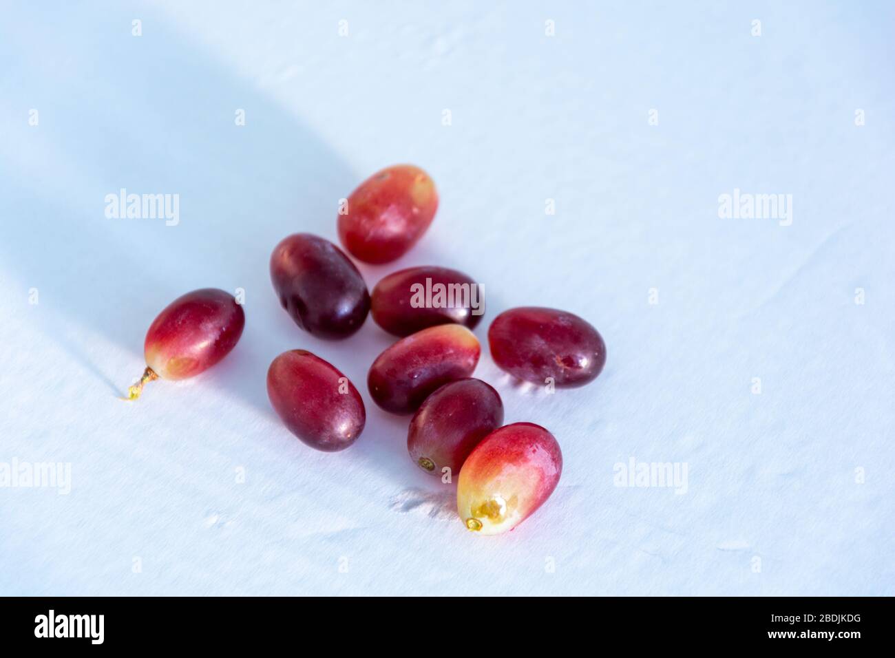 Red grapes separated and photographed against white background with ...