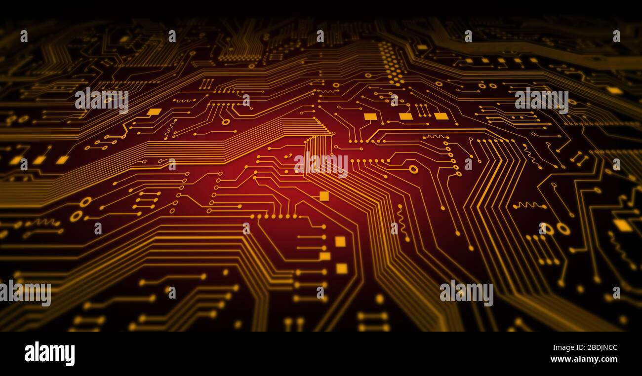 High tech electronic circuit board with red lines, closeup ...