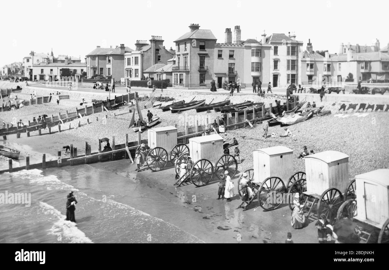 Bognor Regis, the Beach with Bathing Huts 1890 Stock Photo - Alamy