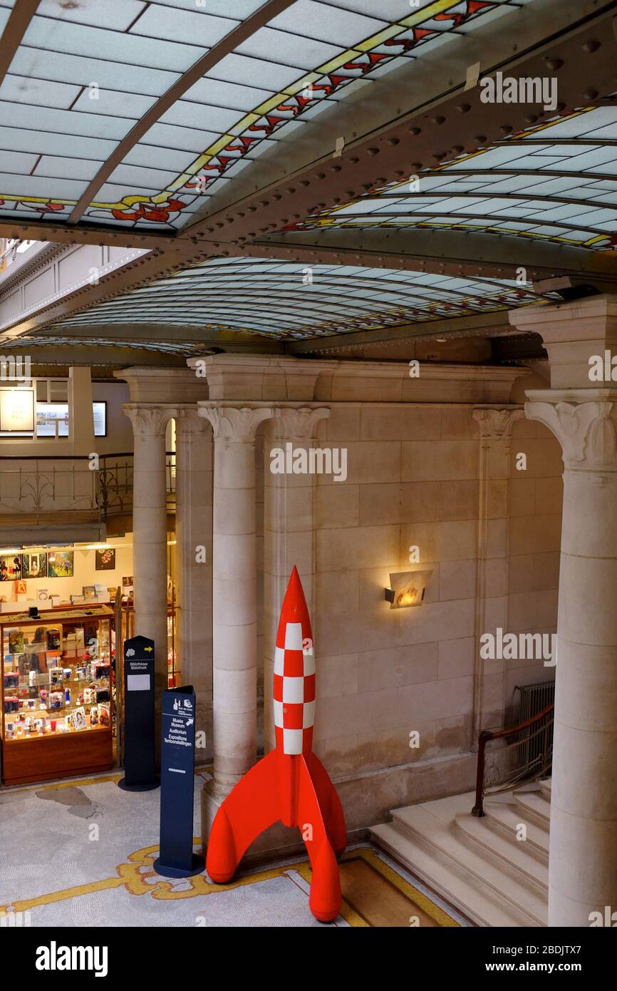 The entrance hall of Belgian Comic Strip Center with Tintin rocket ...