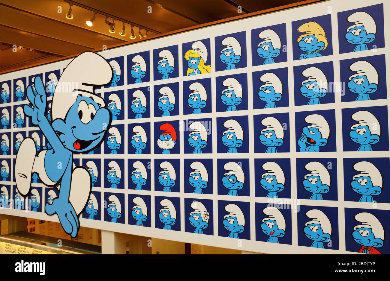 A closed up view of the images of The Smurfs display in Belgian Comic ...