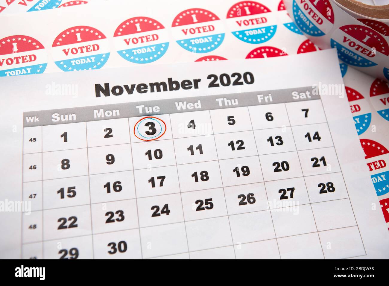 Calendar sheet with circled date of vote day, stickers for voters Stock ...