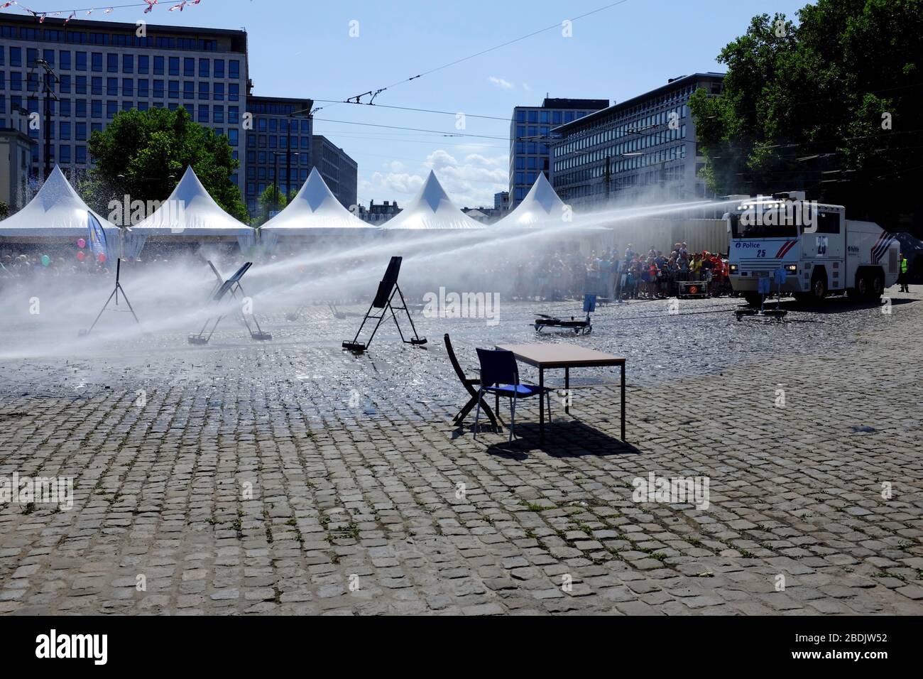 Riot police water cannon truck demonstrate a target shooting during a ...