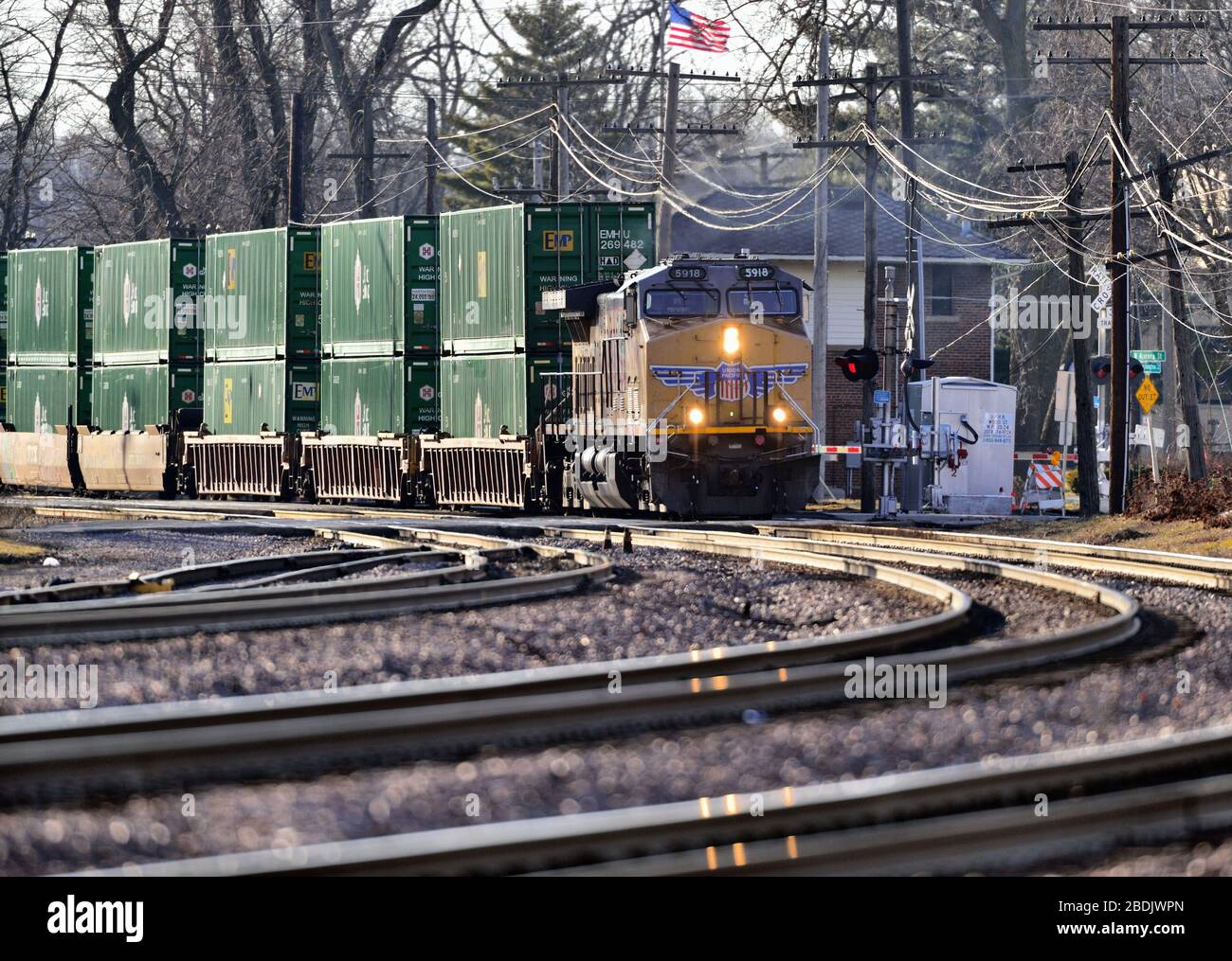 West Chicago, Illinois, USA. A Union Pacific Railroad eastbound ...