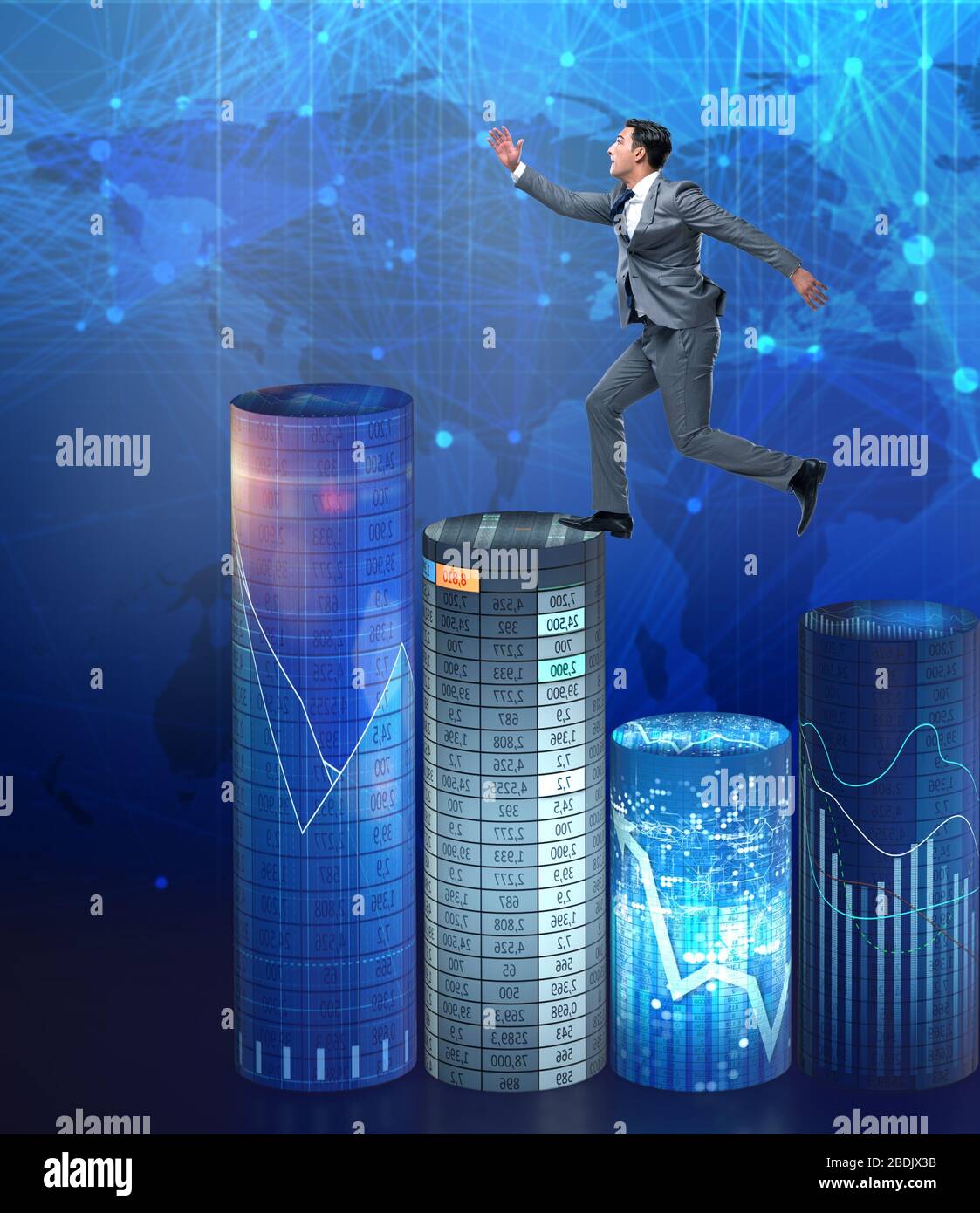 The businessman jumping over bar charts Stock Photo - Alamy