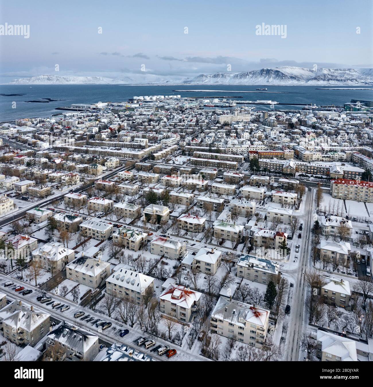 Aerial view of straight streets and low rise buildings in coastal cold ...