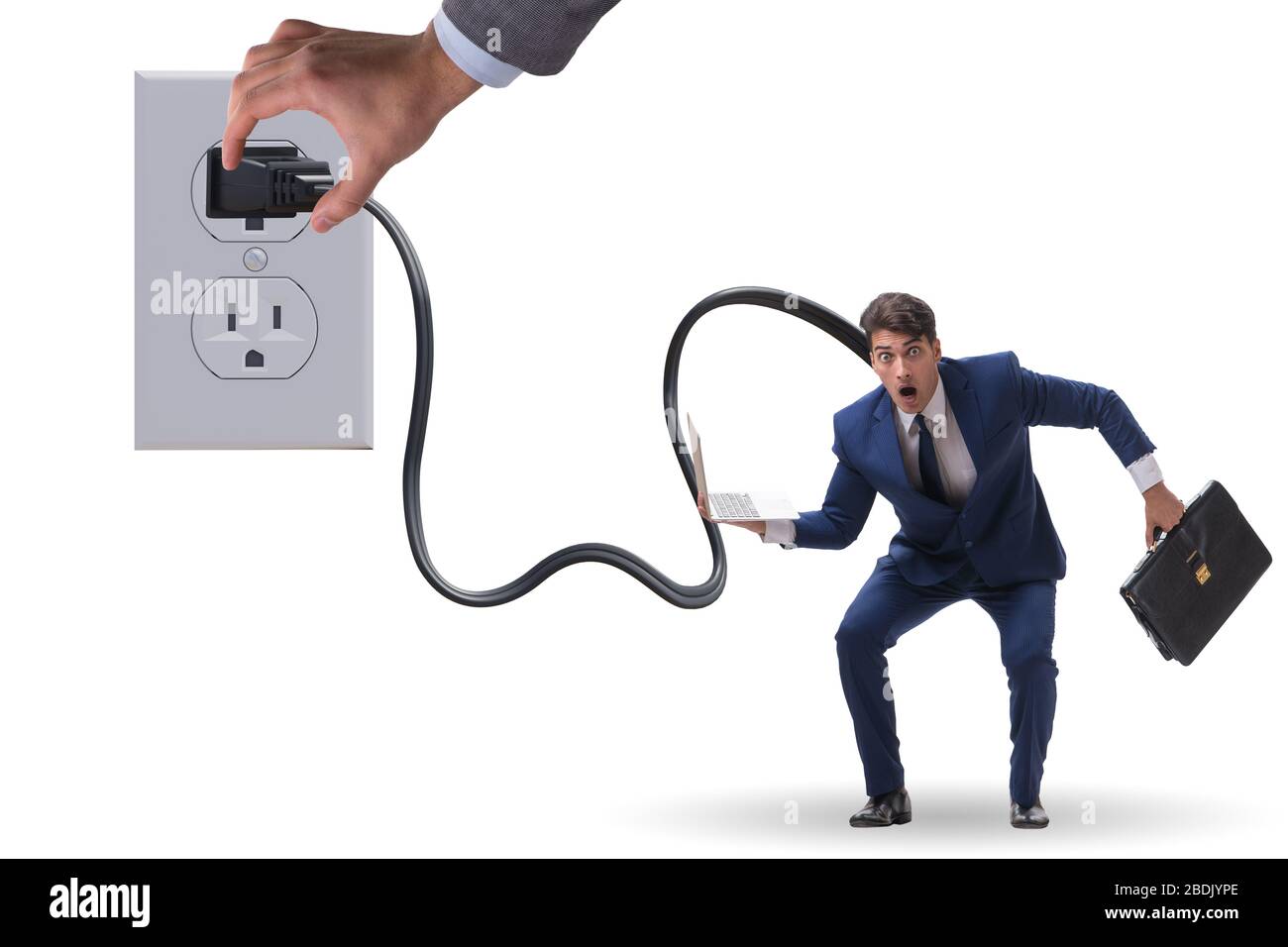 The businessman being powered by electricity and plug Stock Photo - Alamy