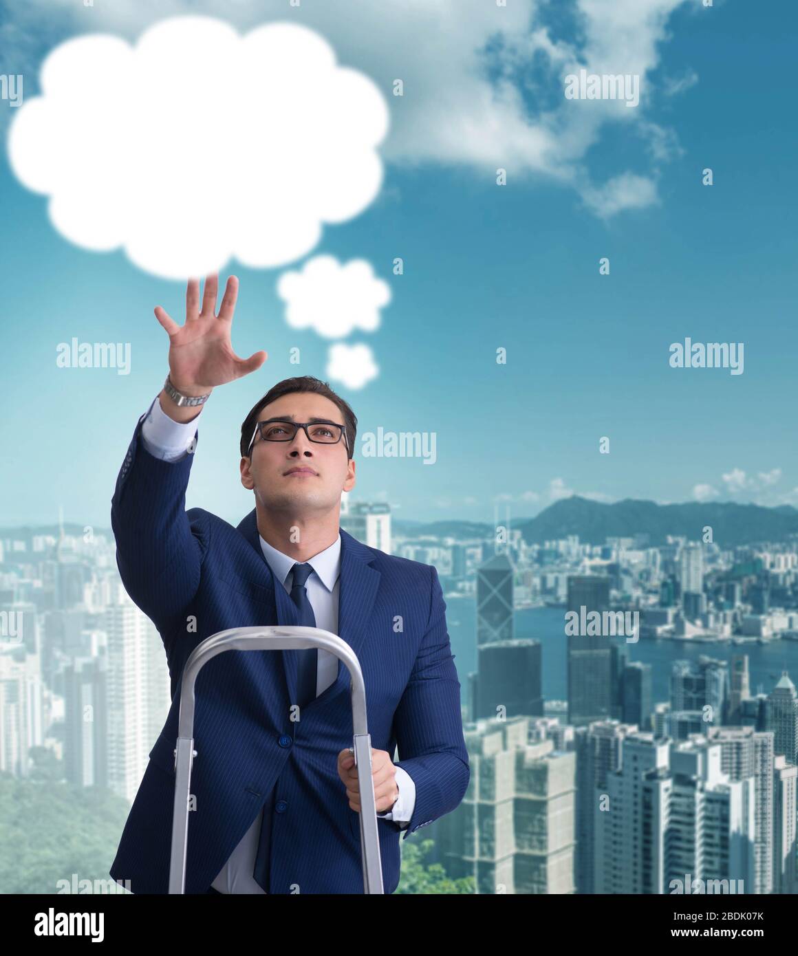 The businessman reaching out to callout message Stock Photo - Alamy