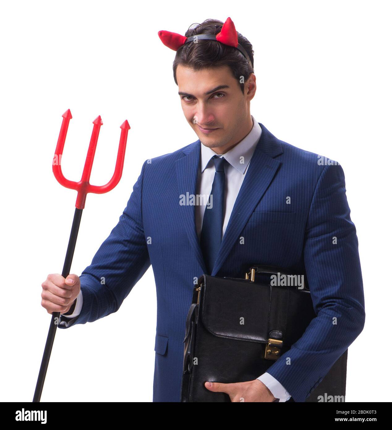 Evil devil businessman with pitchfork isolated on white background ...