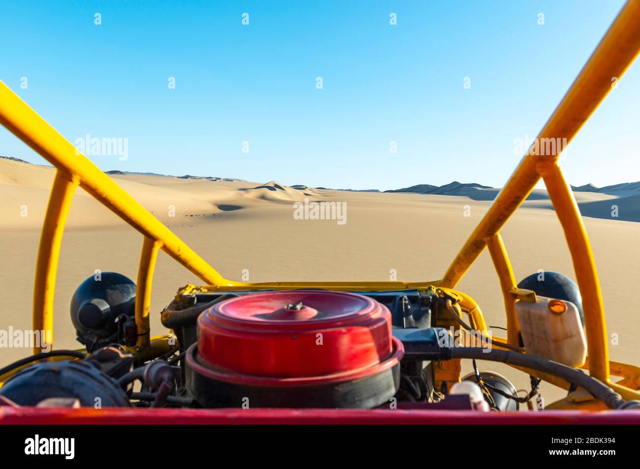 Engine of a desert buggy in the coastal desert of Peru between Ica and ...