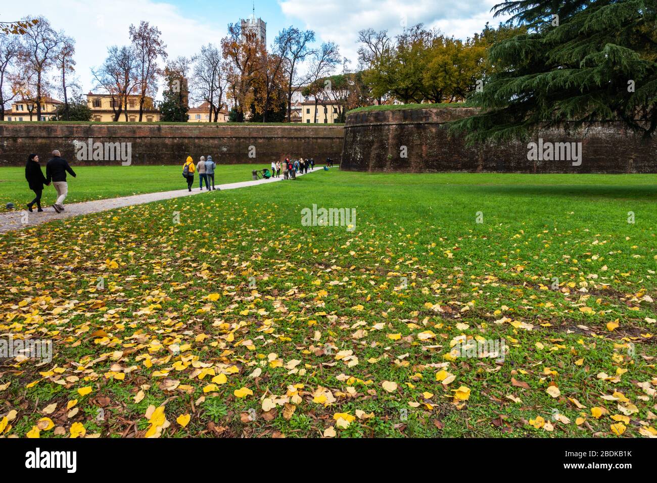 View of the famous Lucca city walls, intact from Renaissance era. Lucca ...