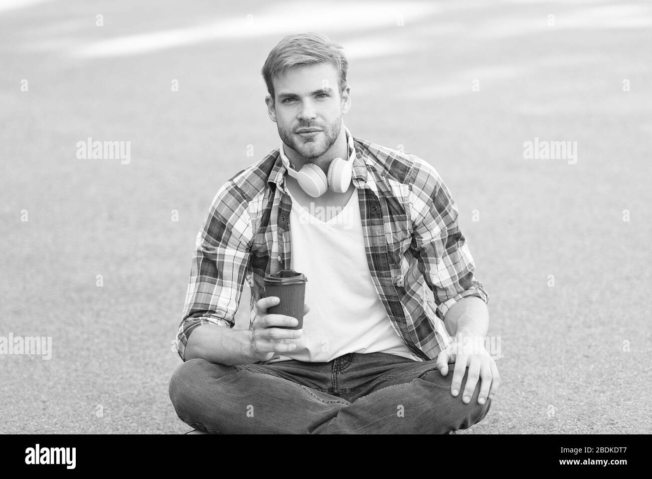 Have fun during break. Guy carefree student enjoy coffee outdoors ...