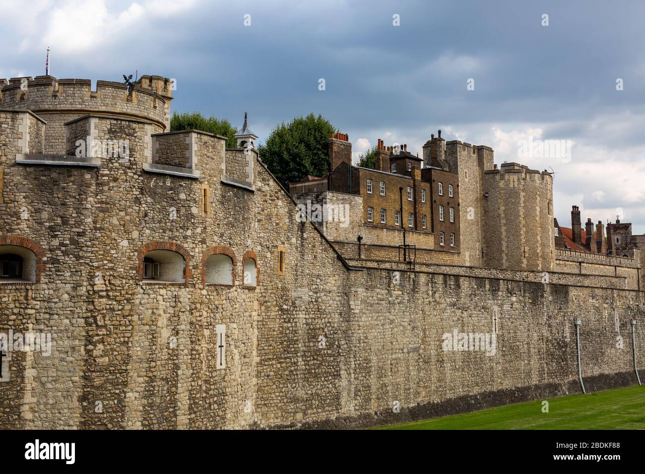 The exterior walls, towers and buildings of the Tower of London, that ...
