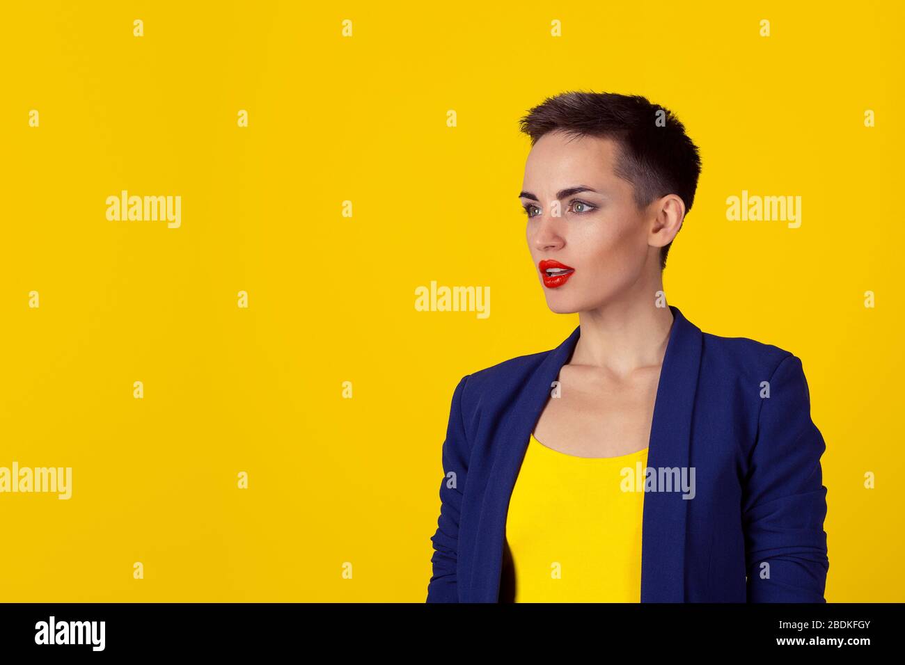 Success. Portrait close up side profile happy serious young beautiful ...