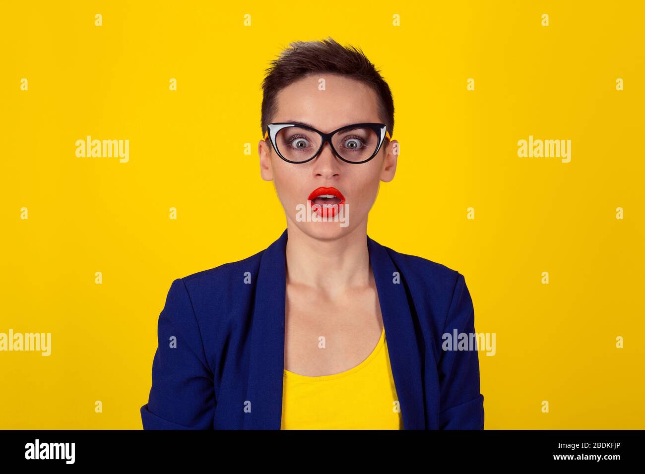 Amazed shocked business woman looking at camera open mouth isolated ...