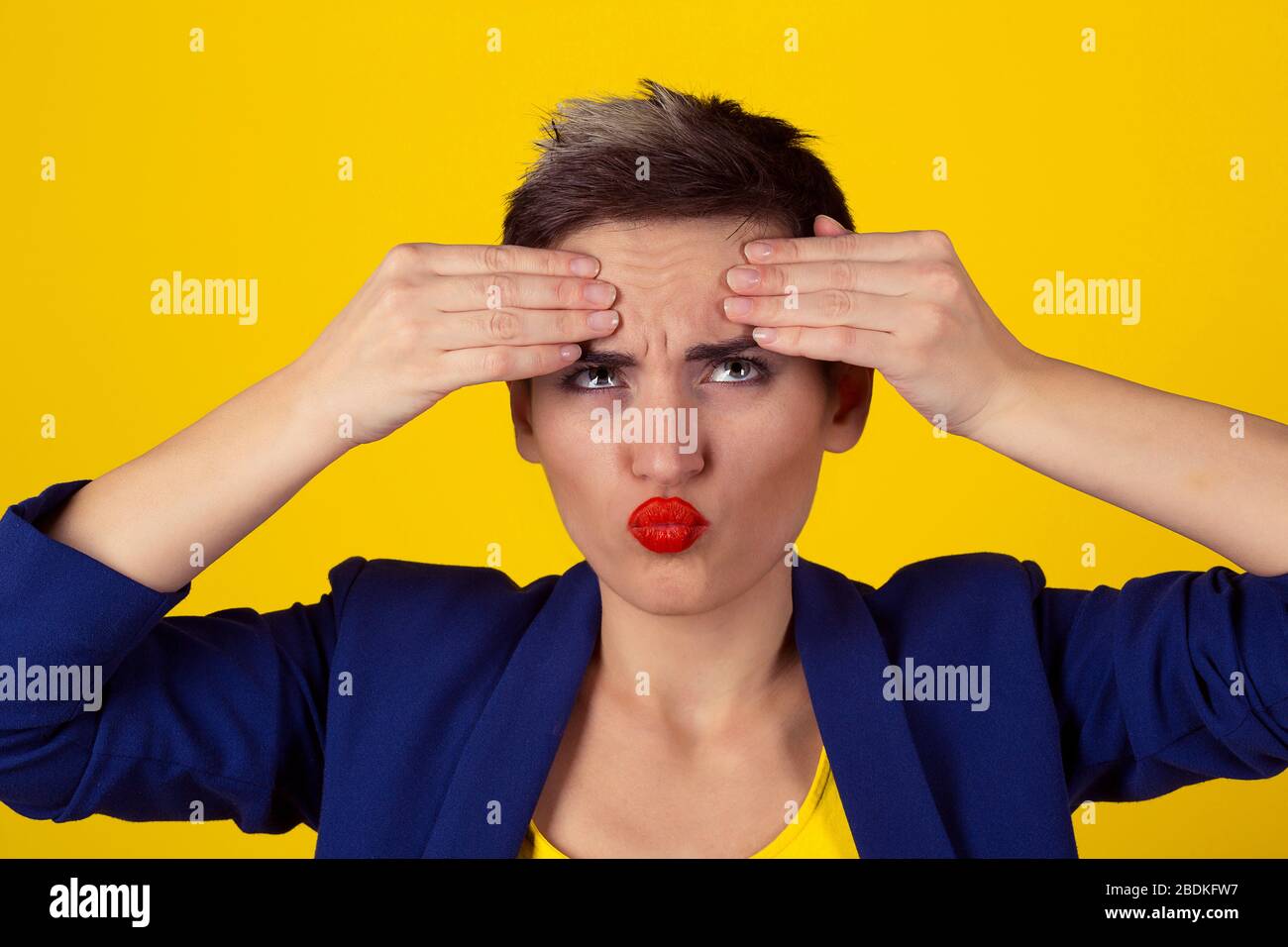 Girl face, wrinkles on forehead skincare treatment. Close-up portrait ...