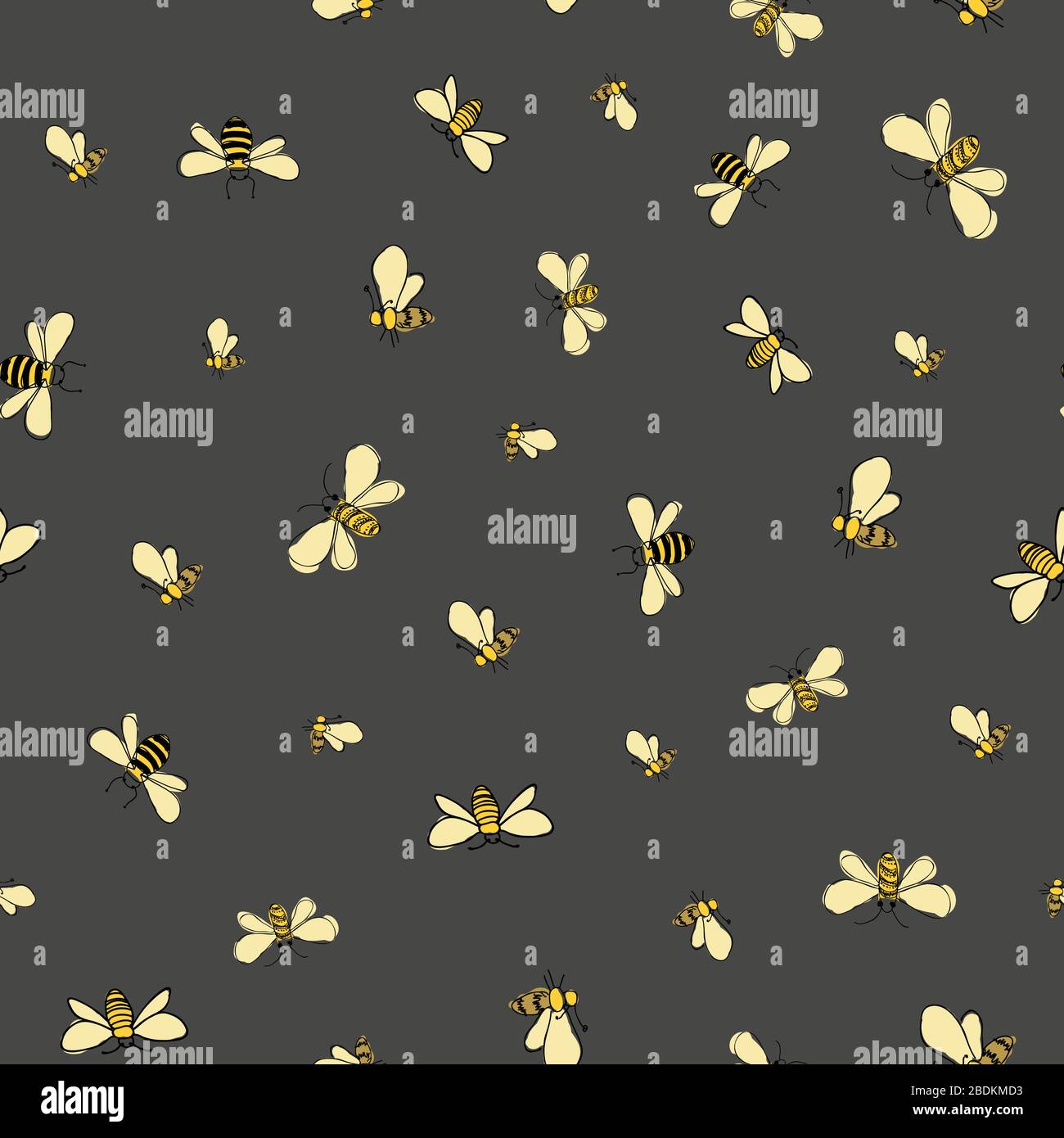 Bees flying around on gray background seamless vector pattern surface ...