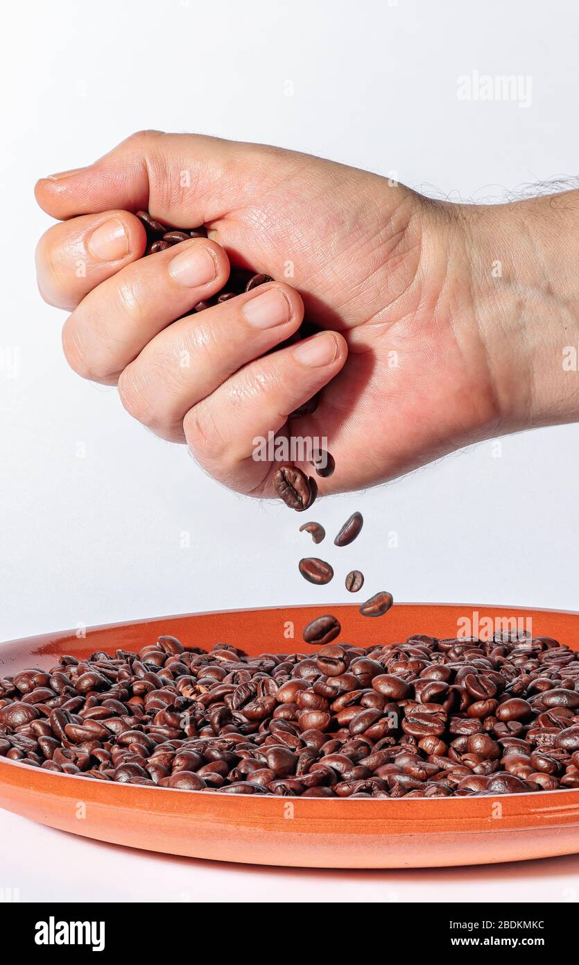 vertical view of a hand spilling coffee beans on a clay plate on white ...