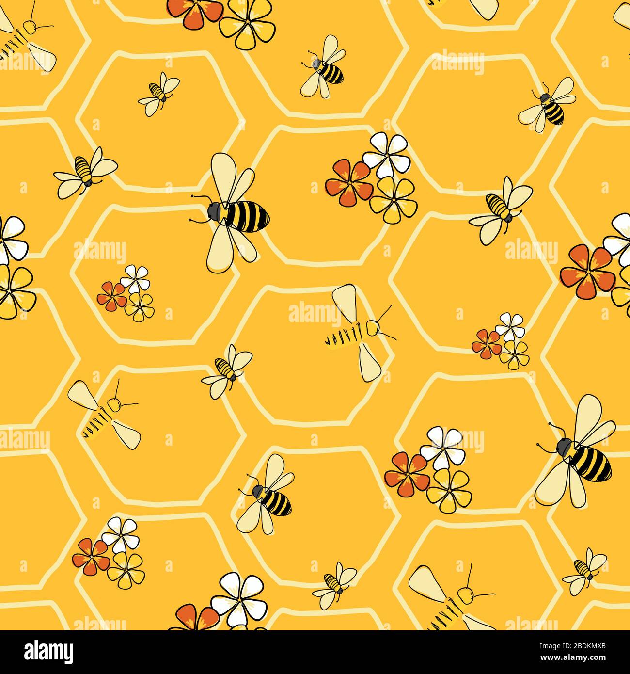 Bees and flowers seamless vector pattern on yellow honeycomb background ...