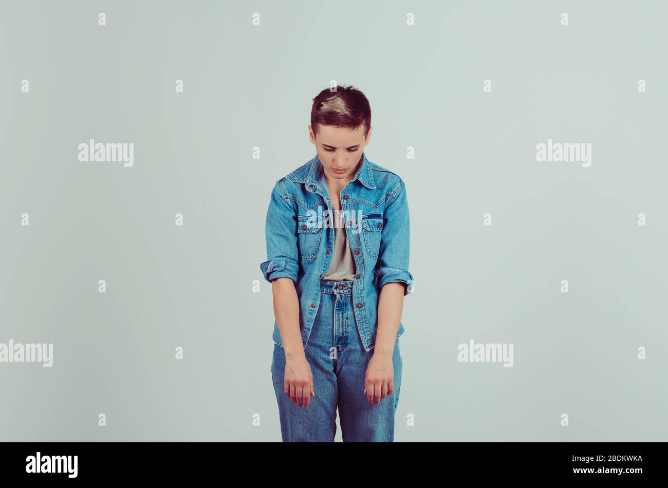 Gave up, defeated. Portrait half body sad insecure teenager hands head ...