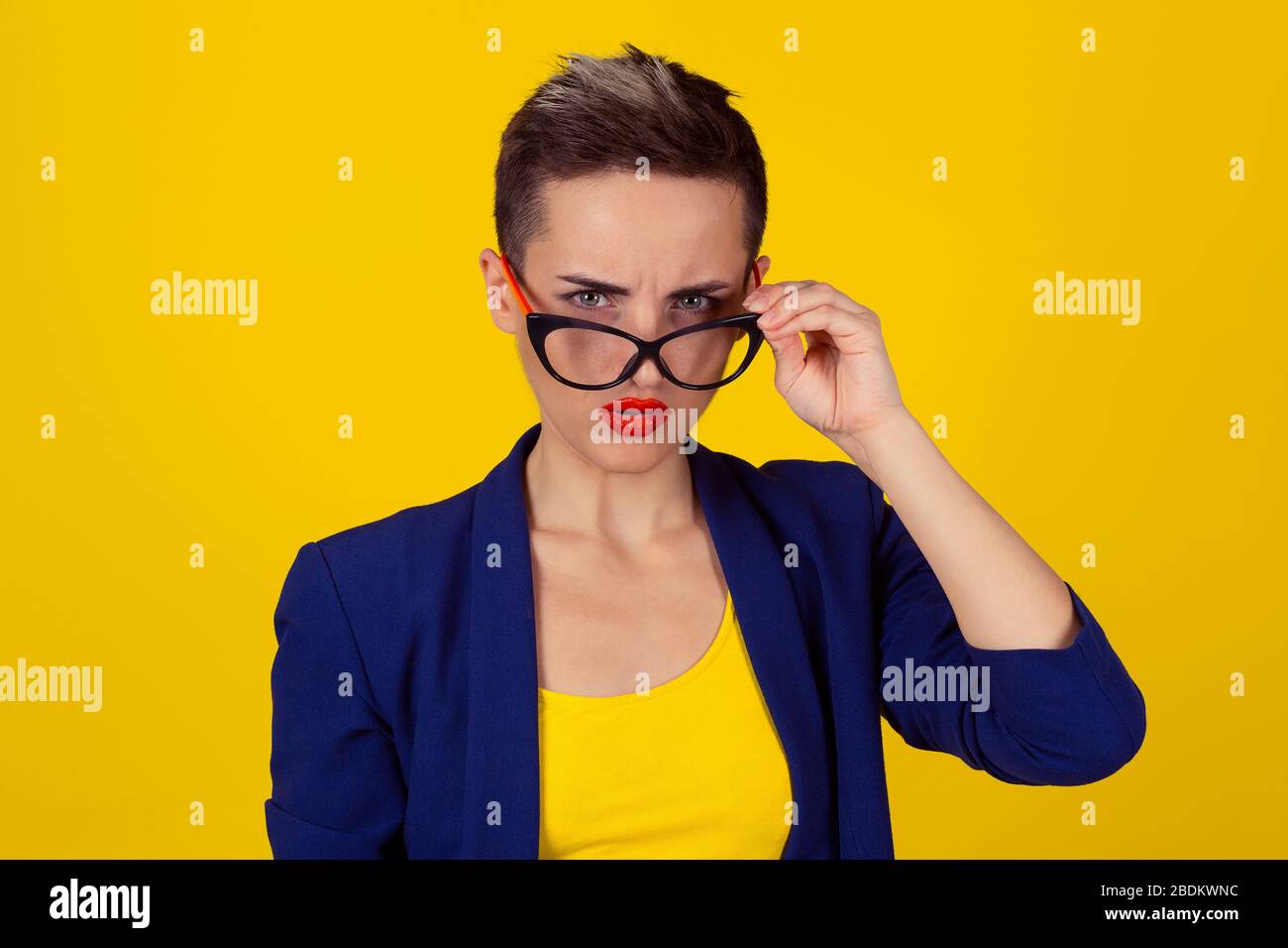 Closeup portrait beautiful young business woman lady looking at you ...