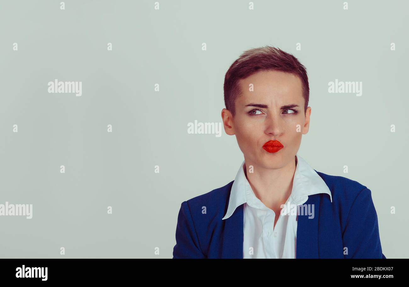 Portrait closeup funny confused skeptical woman girl female thinking ...