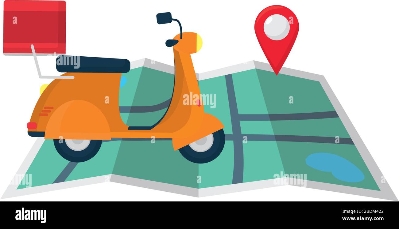 free delivery concept, map with motorcycle and location pin icon over ...