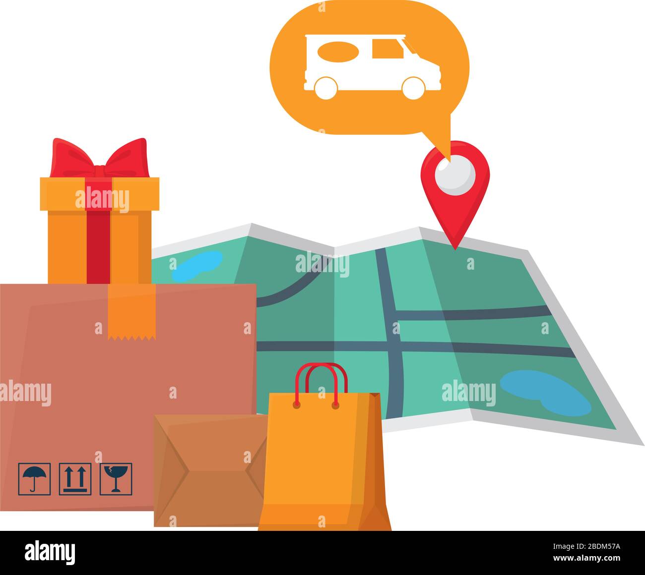 free delivery concept, gift boxes, shopping bag and map icon over white ...