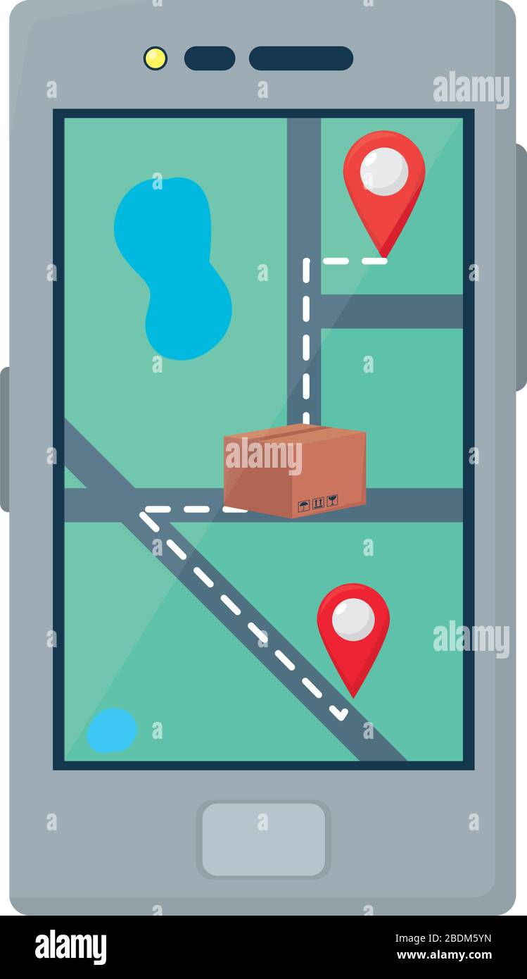 free shipping concept, smartphone with city map with location pins icon ...