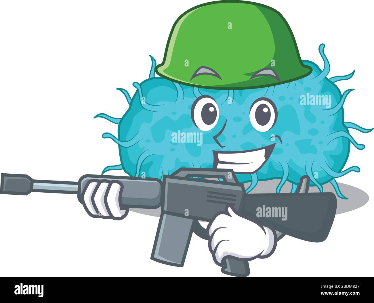 A cartoon picture of bacteria prokaryote in Army style with machine gun ...