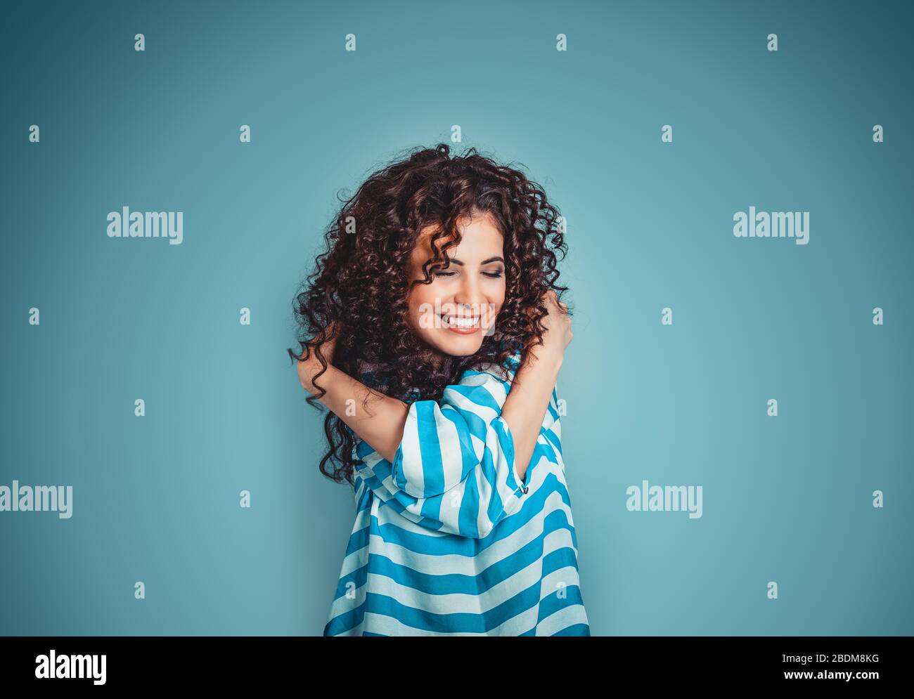 Closeup portrait confident smiling woman holding hugging herself ...