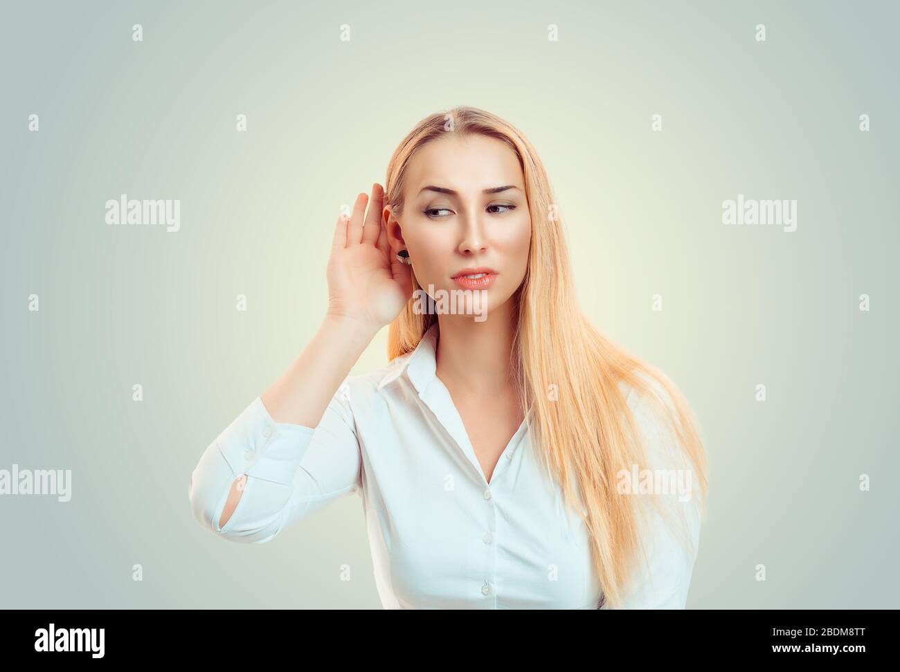 Listen hear smth. Closeup portrait carefully listening to someone's ...