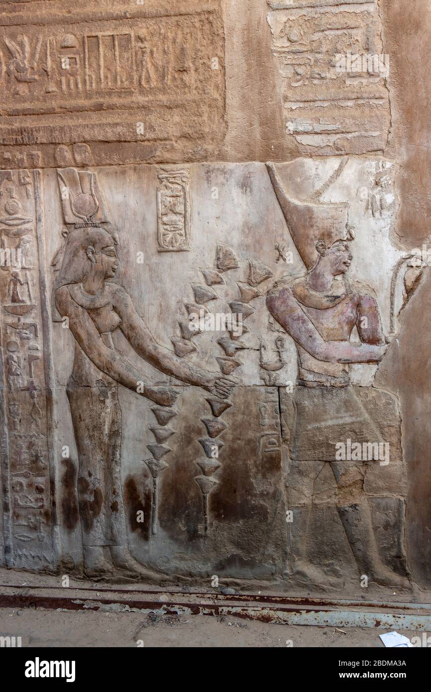 Detailed ancient Egyptian bas relief carvings in the Temple of Kom Ombo ...