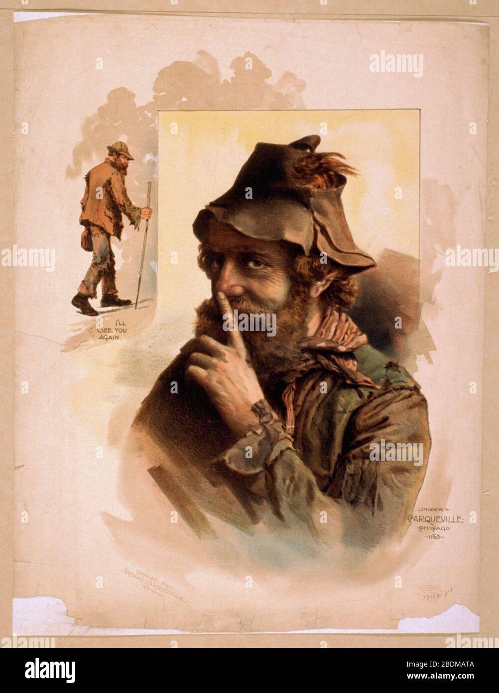 Half length image of bearded tramp in hat, touching finger to nose with ...