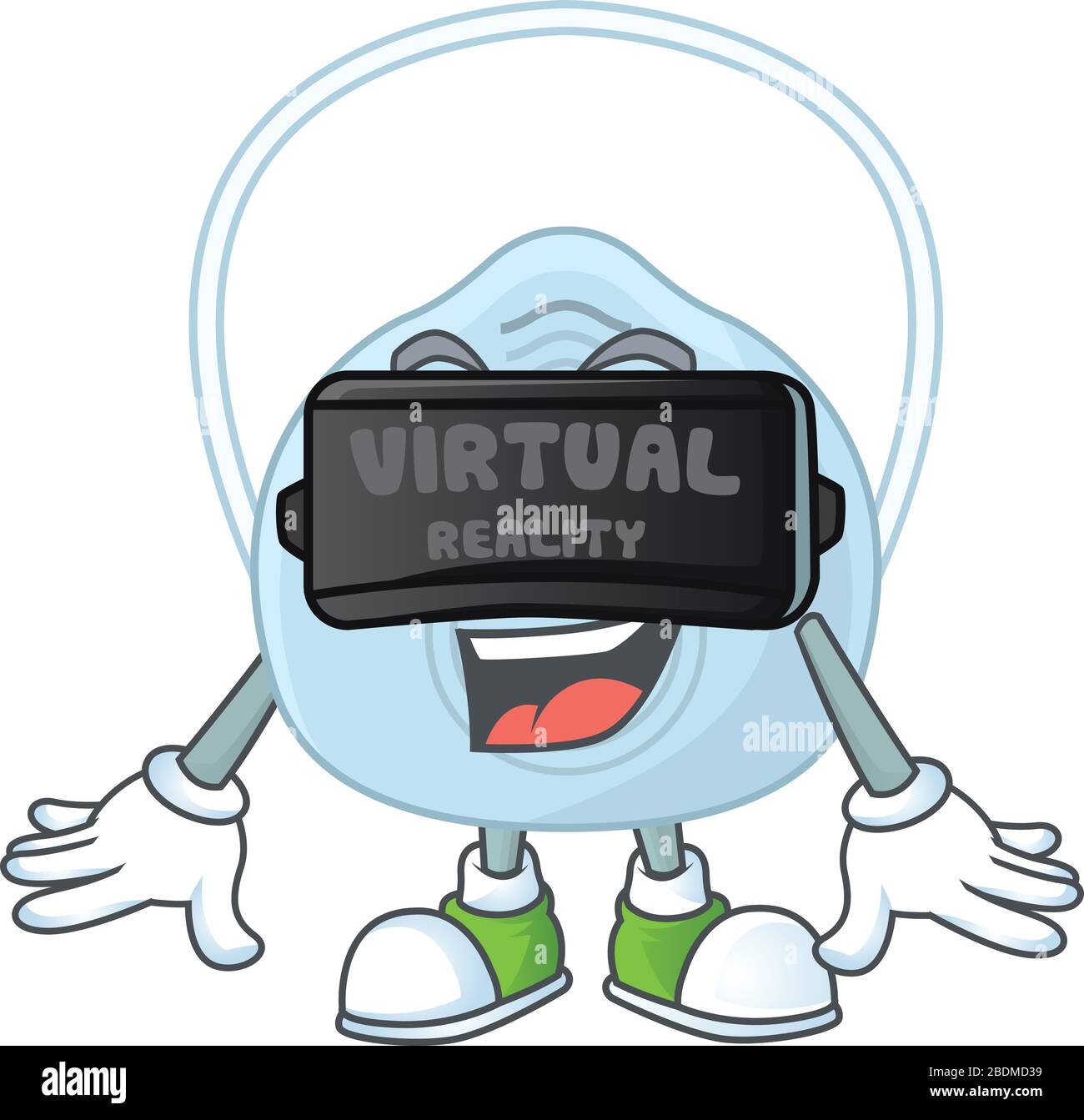 A cartoon mascot of breathing mask enjoying game with Virtual reality ...