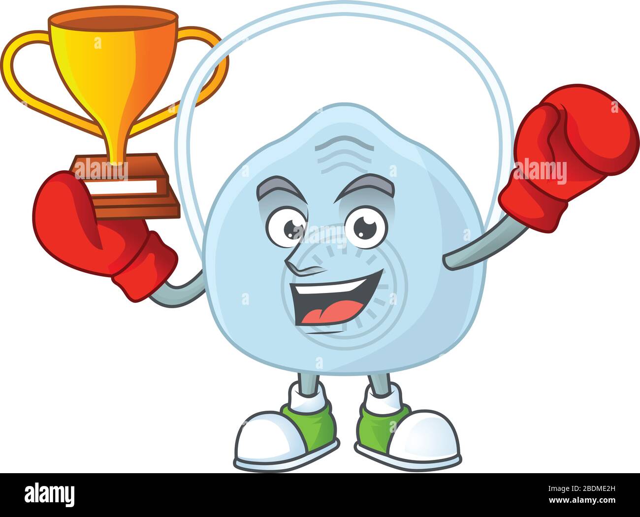 Proudly face of boxing winner breathing mask presented in cartoon ...