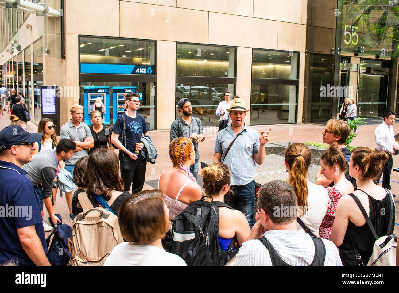 MELBOURNE, AUSTRALIA - April 4, 2020: On foot walking group tour of ...