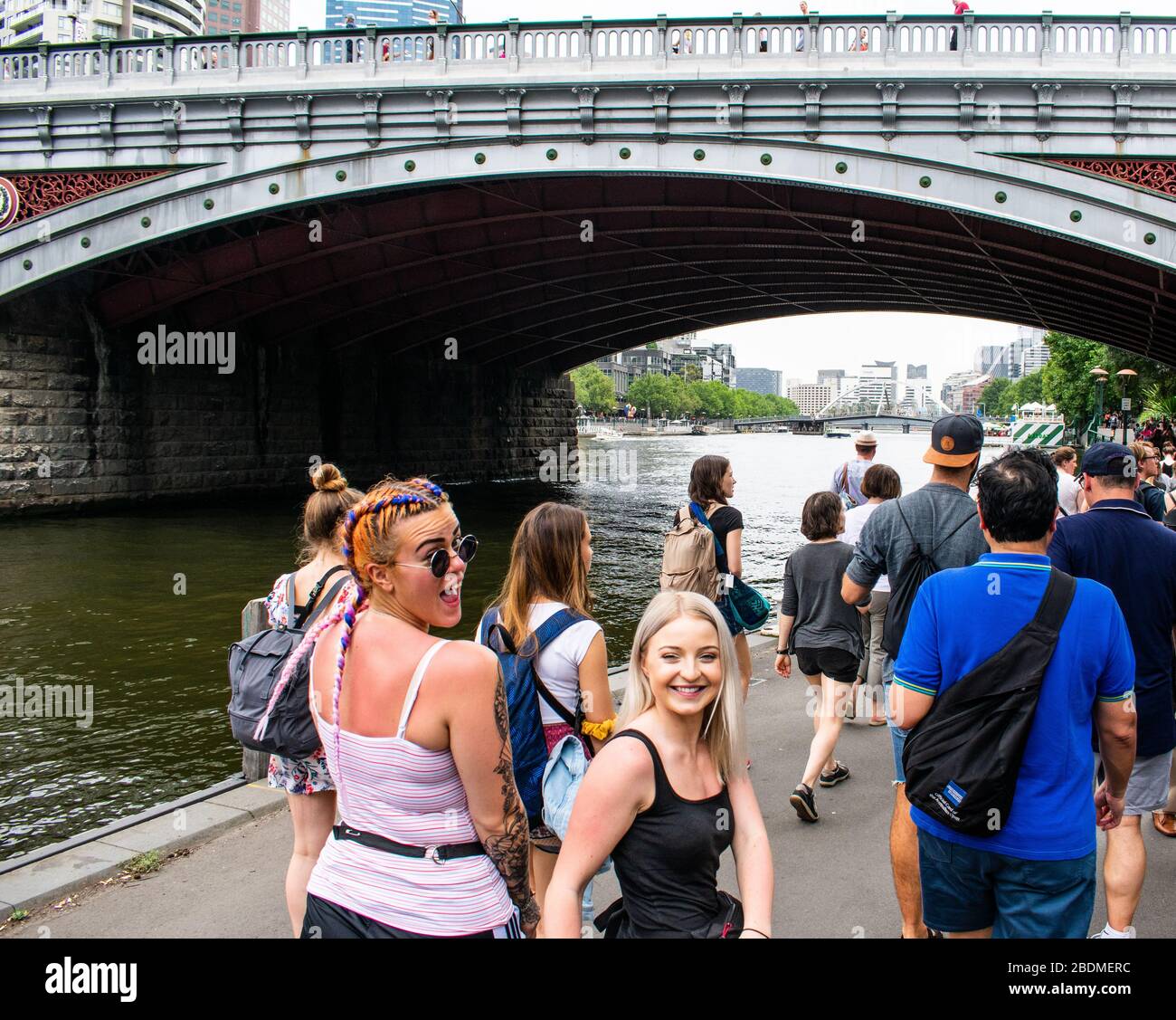 MELBOURNE, AUSTRALIA - April 4, 2020: On foot walking group tour of ...