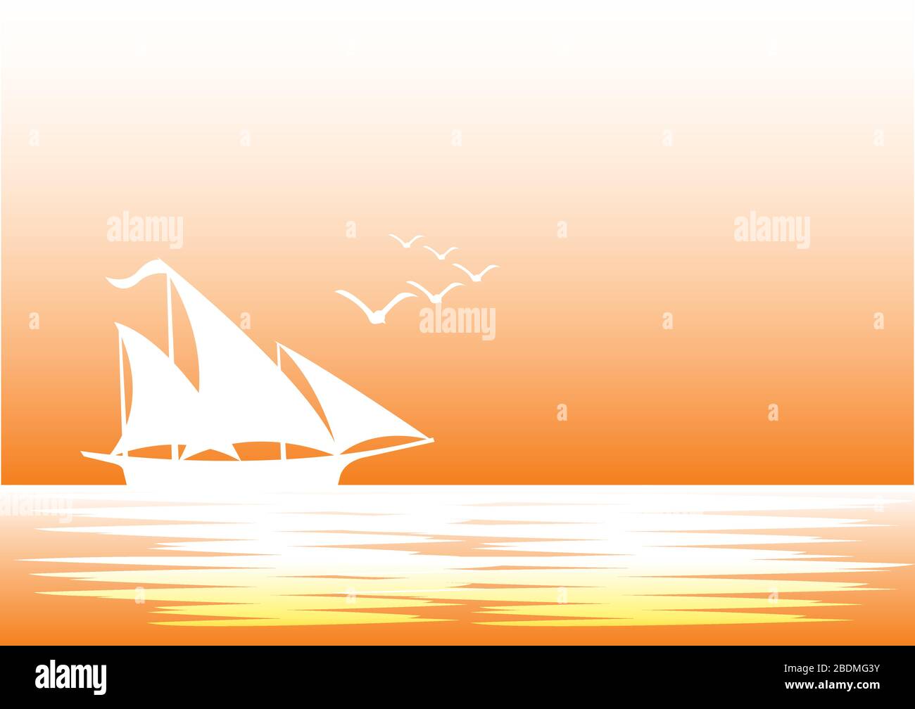 Vector illustration of a silhouette sailing boat with birds flying ...