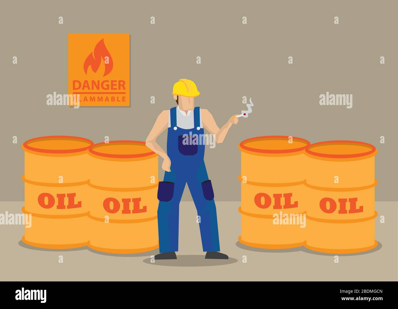 Cartoon worker ignores warning sign and smokes cigarette with barrels ...