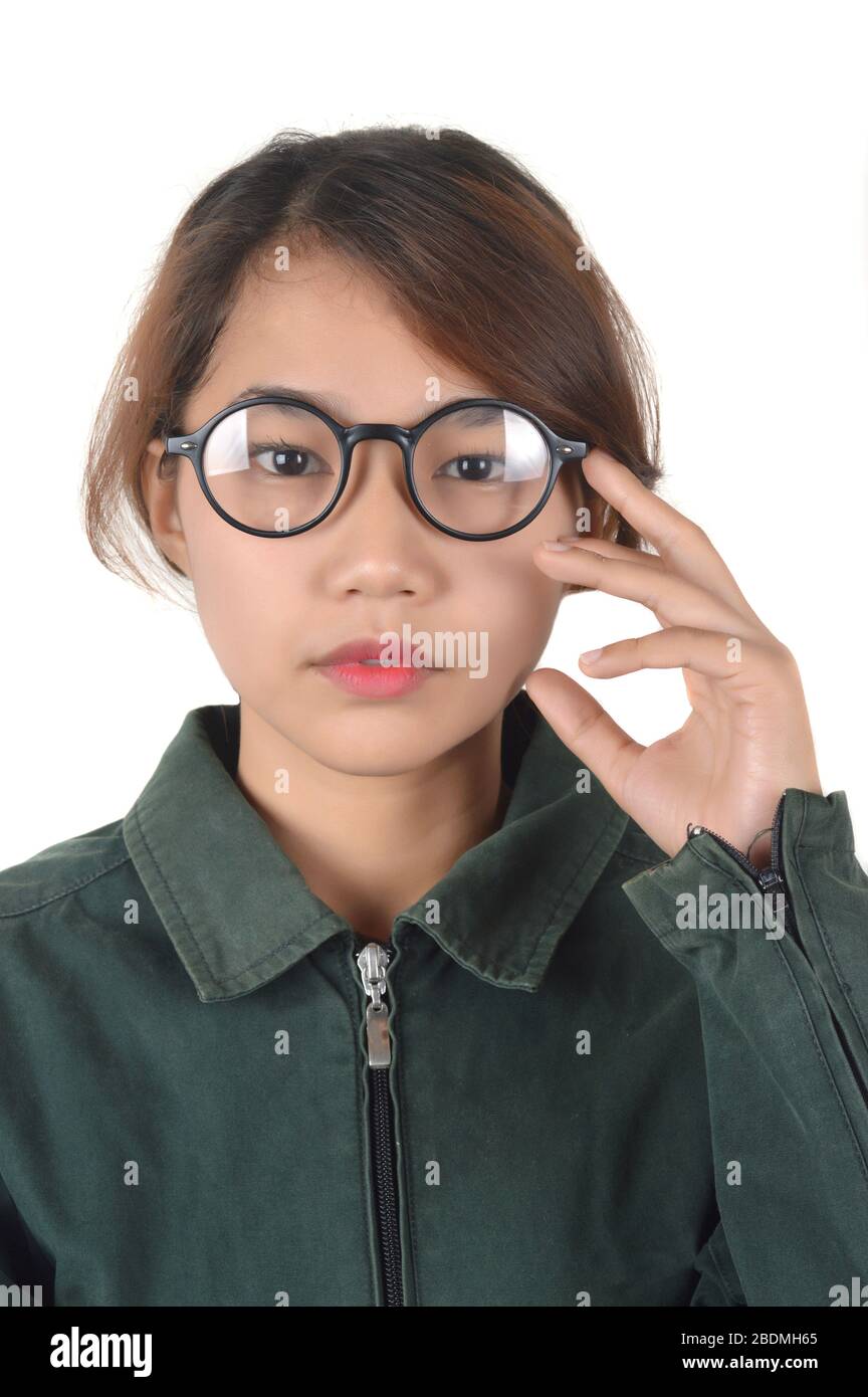 expressing asian girls are thinking isolated on white background Stock ...