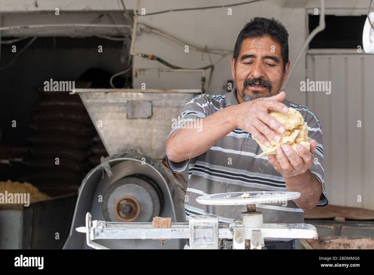 man selling dough in nixtamal mill. A pendulum scale is being used to ...